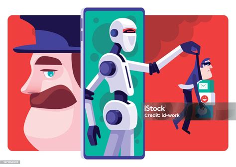 경비원이 숨어있는 동안 스마트 폰에서 해커를 잡는 로봇 도둑질 범죄에 대한 스톡 벡터 아트 및 기타 이미지 도둑질 범죄