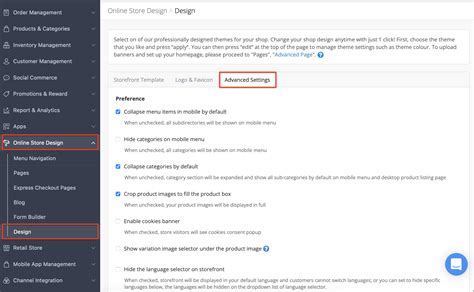 Mobile Menu Items And Categories Display Advanced Design Settings