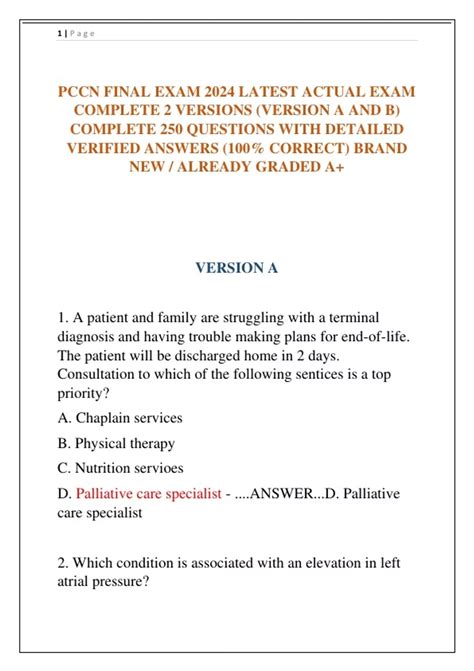 Pccn Final Exam 2024 Latest Actual Exam Complete 2 Versions Version A