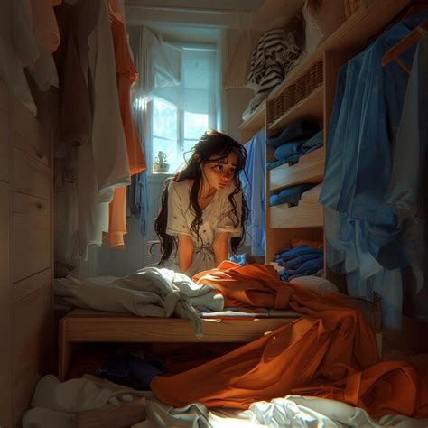 There Is A Woman Sitting On A Bed In A Room Generative Ai Premium Ai