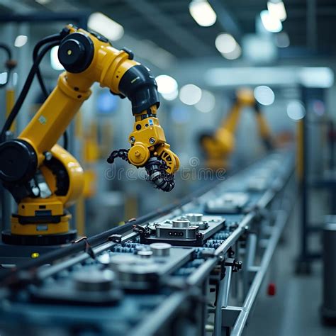 Robotic Arm Working On Assembly Line Assembling Electronic Components