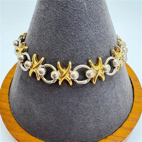 Vtg Sterling Silver 925 Two Tone X And O Circle Link Bracelet 725