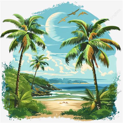 야자수와 바다 전망을 갖춘 열대 풍경 야자수 원 대양 Png 일러스트 및 이미지 에 대한 무료 다운로드 Pngtree