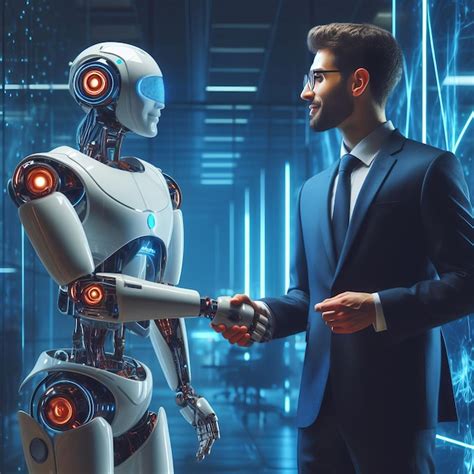 Premium Photo Businessman Greeting Robot In Modern Office Futuristic