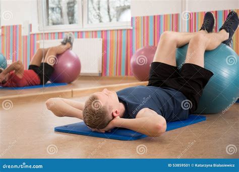 Man Training With Swiss Ball Stock Image Image Of Athletic Fitball