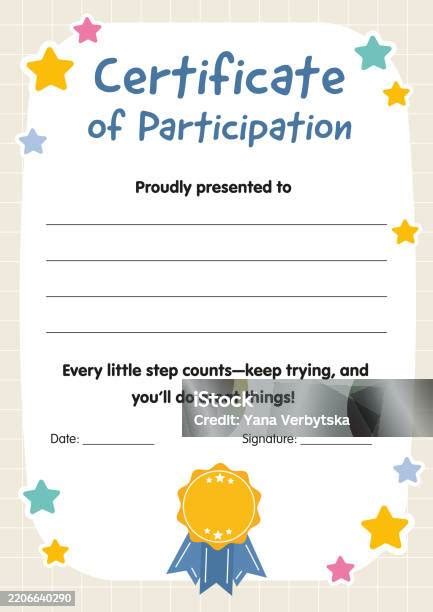 대회 워크샵에 어린이를 위한 참가 증명서 어린이 졸업장 학교 유치원 유치원 여름 캠프에서 템플릿 감사 증명서 수료증 수료 증명서 0명에 대한 스톡 벡터 아트 및 기타 이미지