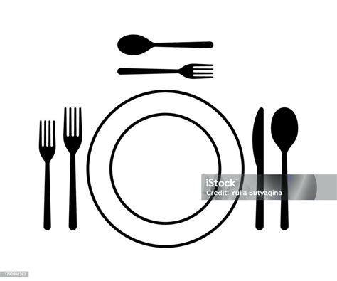 테이블 에티켓 표시에 칼 붙이 배열 접시 포크 숟가락 및 나이프 음식 아이콘 테이블 위에 접시 바로 먹을 수 있습니다 메뉴 카페 또는 레스토랑의 식기 기호 벡터 검은색에
