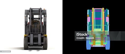 지게차 로더 전면 보기 산업용 차량 개념 3d 렌더링 흰색에 컬러 알파 3차원 형태에 대한 스톡 사진 및 기타 이미지 3차원 형태 건설 기계류 건설 산업 Istock