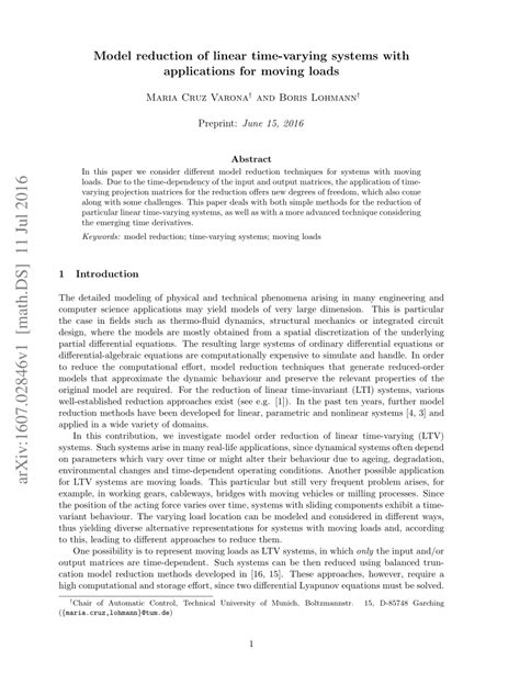 Pdf Model Reduction Of Linear Time Varying Systems With Applications