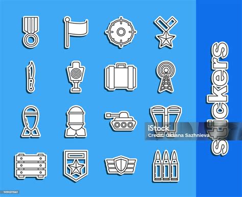 세트 라인 총알 쌍안경 레이더 사격 경쟁을 위한 표적 스포츠 인간 표적 군용 칼 보상 메달 및 탄약 상자 아이콘 벡터 갈매기표 수장에 대한 스톡 벡터 아트 및 기타 이미지