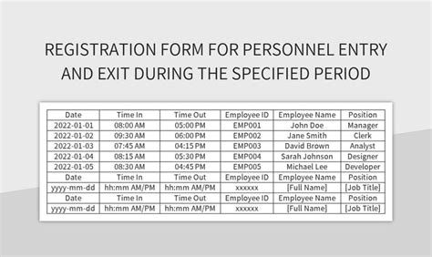 Registration Form For Personnel Entry And Exit During The Specified