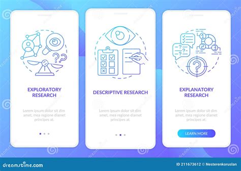Types Of Scientific Research Onboarding Mobile App Page Screen With Concepts Stock Vector