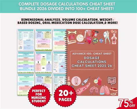 100 Dosage Calculations Cheat Sheet 20 Pages Nursing Study Guide