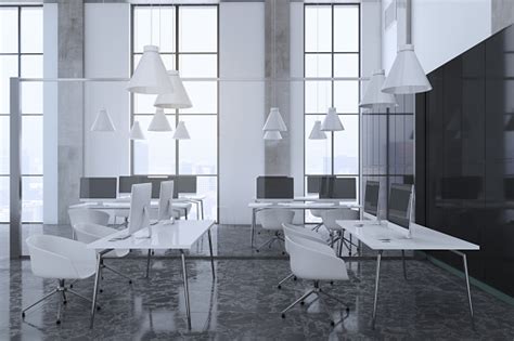 창문과 도시 전망 가구 및 장비와 현대적인 콘크리트 공동 작업 사무실 인테리어 3d 렌더링 0명에 대한 스톡 사진 및 기타 이미지 Istock