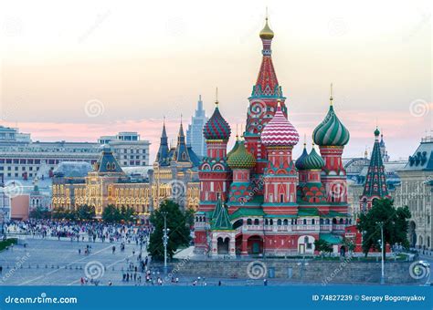 Saint Basil Cathedral At Red Square Sunset In Moscow Russia Stock
