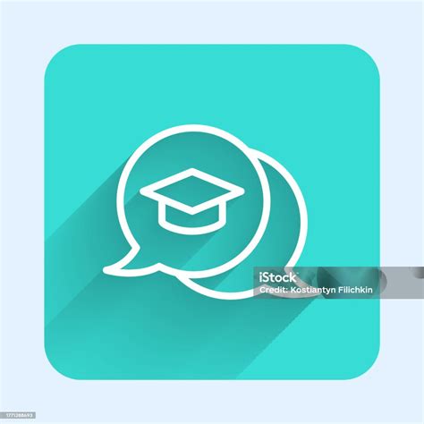 흰색 선 긴 그림자로 고립된 말풍선 아이콘의 졸업 모자입니다 술 아이콘이 있는 졸업 모자 녹색 사각형 버튼입니다 벡터 3차원