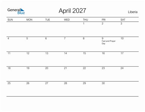 Free Monthly Calendar Template For April 2027 With Liberia Holidays