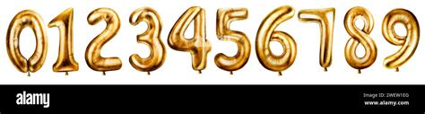 watercolor set of golden foil balloons digits 0 1 2 3 4 5 6 7 8 9 hand
