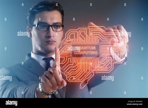 Businessman Pressing Virtual Button In Quantum Computing Concept Stock