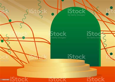 추상적인 주황색 녹색 금색 무대 쇼케이스 모형 제품 실린더 받침대 연단 디스플레이 벡터 최소 기하학적 형태 빈 장면 3차원 형태에 대한 스톡 벡터 아트 및 기타 이미지