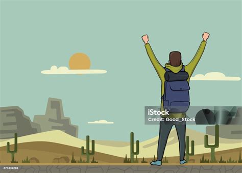 젊은 사람 사막에서 제기 손으로 백 패 커의 다시 보기 등산객 탐색기 성공의 상징입니다 복사 공간 벡터 일러스트입니다 20 29세에 대한 스톡 벡터 아트 및 기타 이미지