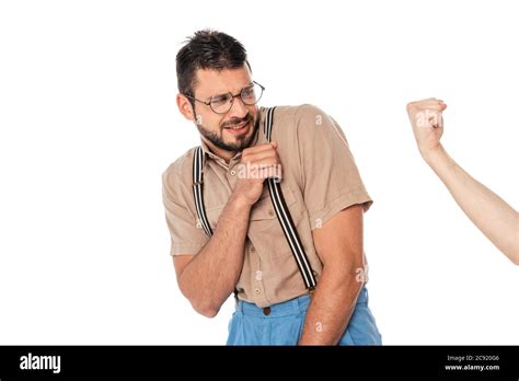 Man Showing Fist To Scared Nerd Isolated On White Stock Photo Alamy