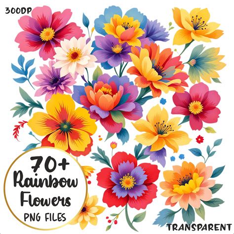 Rainbow Flowers Clipart Bundle Watercolor Floral Png Set Digital