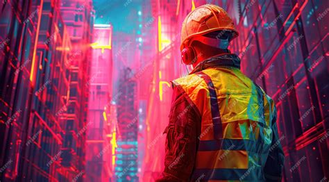 Double Exposure Of A Construction Worker And City Skyline Premium Ai Generated Image