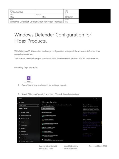 Com 0022 1 Windows Defender Configuration For Hidex Products V1 1 Pdf Microsoft Windows