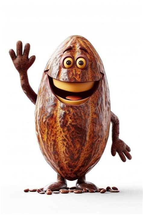 The Cute Character Of The Cartoon Smiling Cocoa Bean Waves His Hands And Greets D Illustration