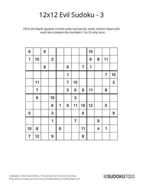12x12 Evil Or Extreme Sudoku Puzzles Printable