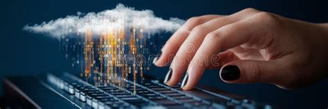 Hands Typing On Laptop With Binary Code Cloud Stock Illustration