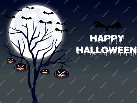 할로윈 밤의 으스스한 풍경 배경에는 사냥된 집 무덤 호박 날아다니는 박쥐가 있습니다 프리미엄 벡터