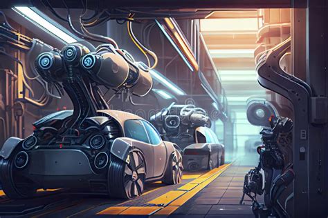 Automation Automobile Factory Concept With 3d Rendering Robot Assembly Line In Car Factory Stock