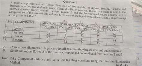 solved question 1a multi component mixture molar flow rate