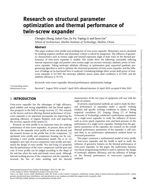 Pdf Research On Structural Parameter Optimization And Thermal Performance Of Twin Screw Expander