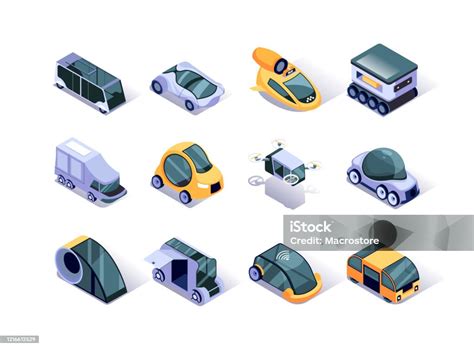 자율 주행 차량 등각 투영 아이콘 설정 미래의 자율 주행 자동차 택시 버스 헬리콥터와 트럭을 비행 초현대적에 대한 스톡 벡터 아트 및 기타 이미지 Istock