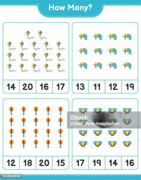 카운팅 게임 얼마나 많은 연 워터 건 베이비 래틀 젖꼭지 교육 어린이 게임 인쇄 가능한 워크 시트 벡터 일러스트 레이 션 0명에 대한 스톡 벡터 아트 및 기타 이미지