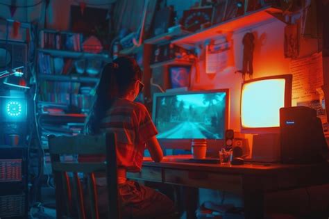 Premium Photo A Girl Is Sitting At A Desk With A Computer Monitor And A Keyboard