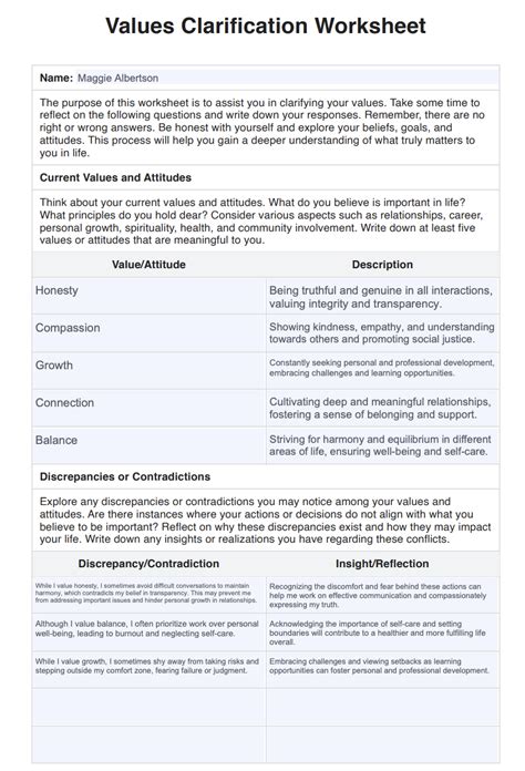 values clarification worksheet and example free pdf download