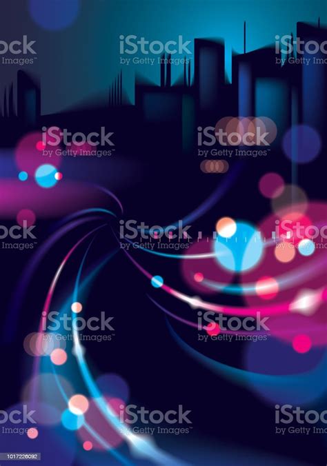 도시의 밤 빛 추상화 Bokeh Defocused 배경 효과 아름 다운 배경 벡터 도시 풍경 건물 실루엣 스카이 라인 다채로운 어두운 배경에 덩어리 죠 초현대적에 대한 스톡