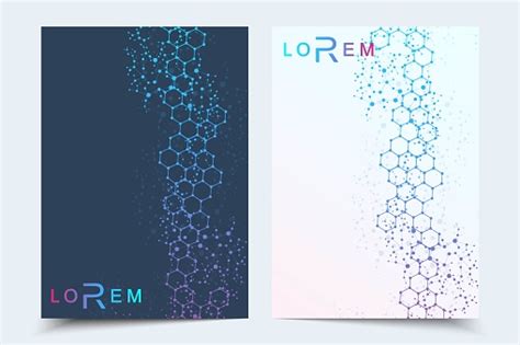 브로셔 매거진 전단지 전단지 표지 책자 연례 보고서를 위한 벡터 템플릿 입자 의료 기술 화학 과학을 위한 분자 구조가 있는 현대 미래 지향적육각형 패턴 0명에 대한 스톡