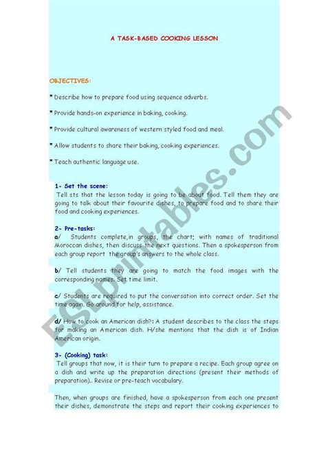 a task based cooking lesson esl worksheet by hassani