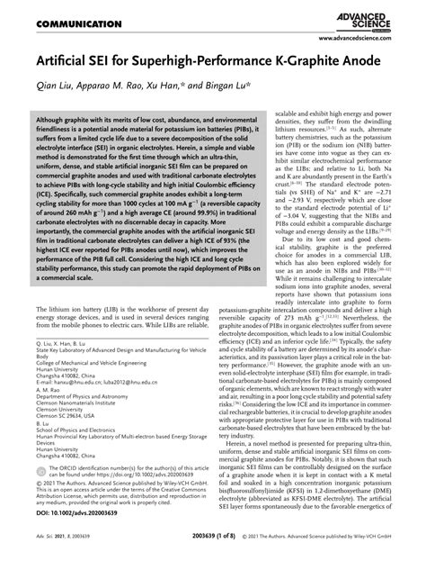 Pdf Artificial Sei For Superhigh‐performance K‐graphite Anode