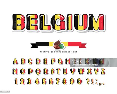 벨기에 만화 글꼴입니다 벨기에 국기 색상입니다 종이 컷 아웃 광택 Abc 문자와 숫자 관광 디자인에 대한 밝은 알파벳 벡터 0
