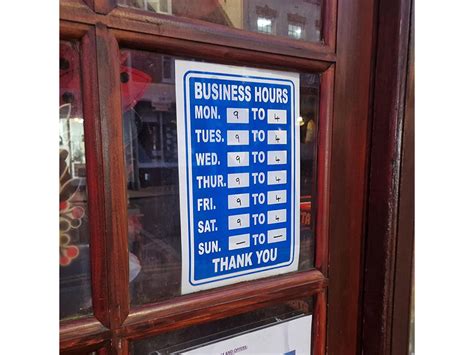 Business Hours Sign Blue High Contrast Hanging Opening Closing Times