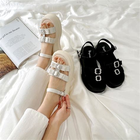 당일출고 데일리 투버클 큐빅 보석 리본 통굽 키높이 여름 바캉스 통창 샌들 7cm 에이블리