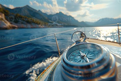 Ai Generated Vintage Compass On Sailboat Deck At Sunset A Detailed