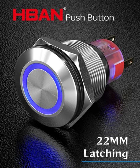 Push Button Start Switch 22mm Latching Blue Led Ring Illuminated Spdt 5 Pins HBAN Hongbo