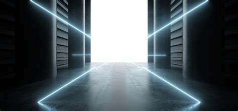 네온 레이저 공상 과학 Fi 형광 파란 미래 차고 쇼 룸 갱도 통로 구체적인 금속 그런 지 사려깊은 빈 공간 백색 발광 진열 장 단계 지하철 입구 3d 렌더링 0명에 대한